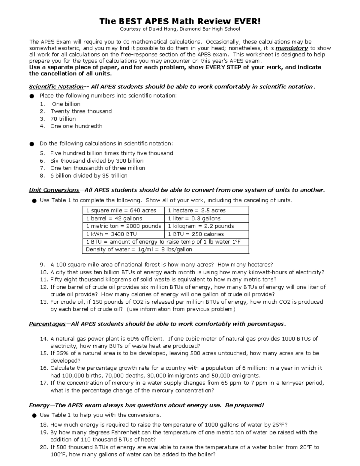 APES 101: Essential Math Review for the APES Exam Calculations - Studocu