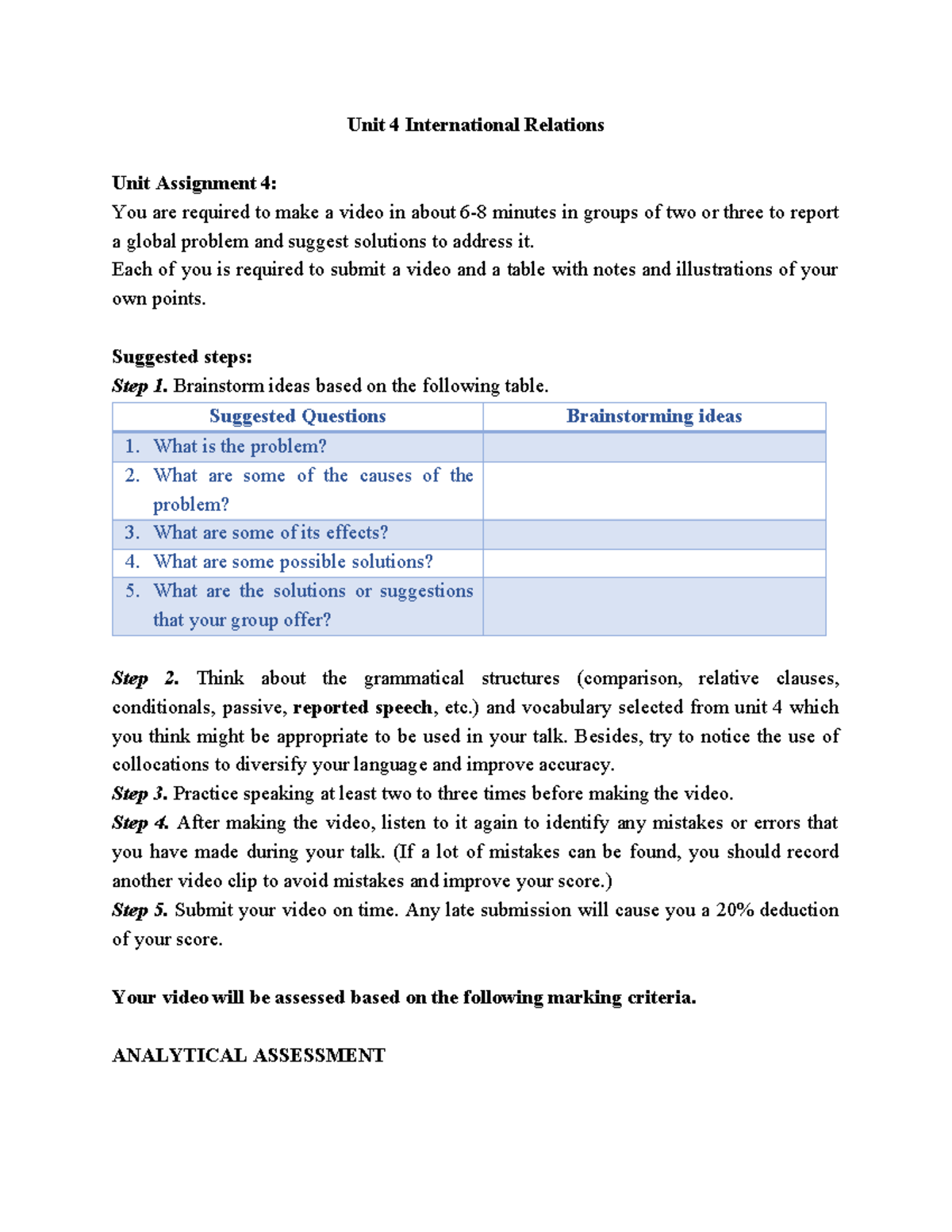 Unit 4 International Relations: Group Video Assignment 4 Guide - Studocu