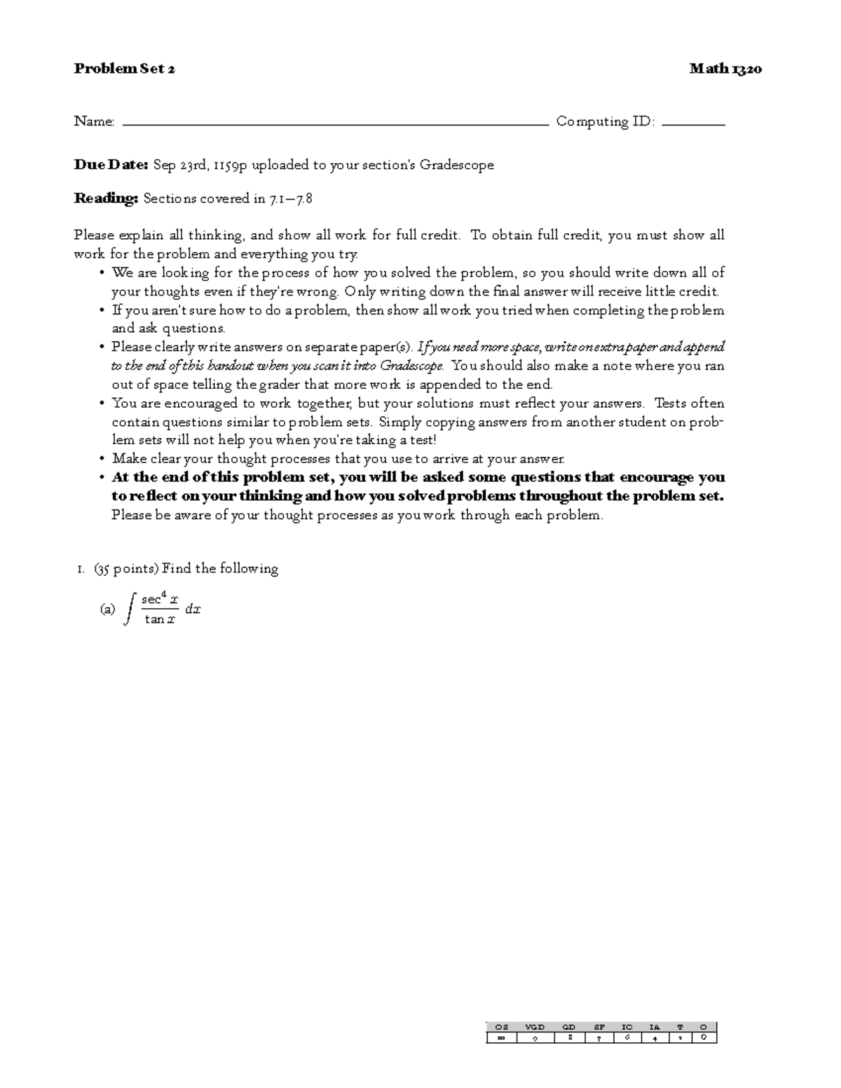 Math 1320 Problem Set 2: Integration Techniques and Reflection - Studocu