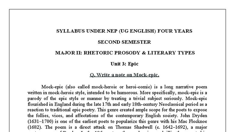 Epic Mock Epic-PBU - will be helpful - SYLLABUS UNDER NEP (UG ENGLISH) FOUR YEARS SECOND ...