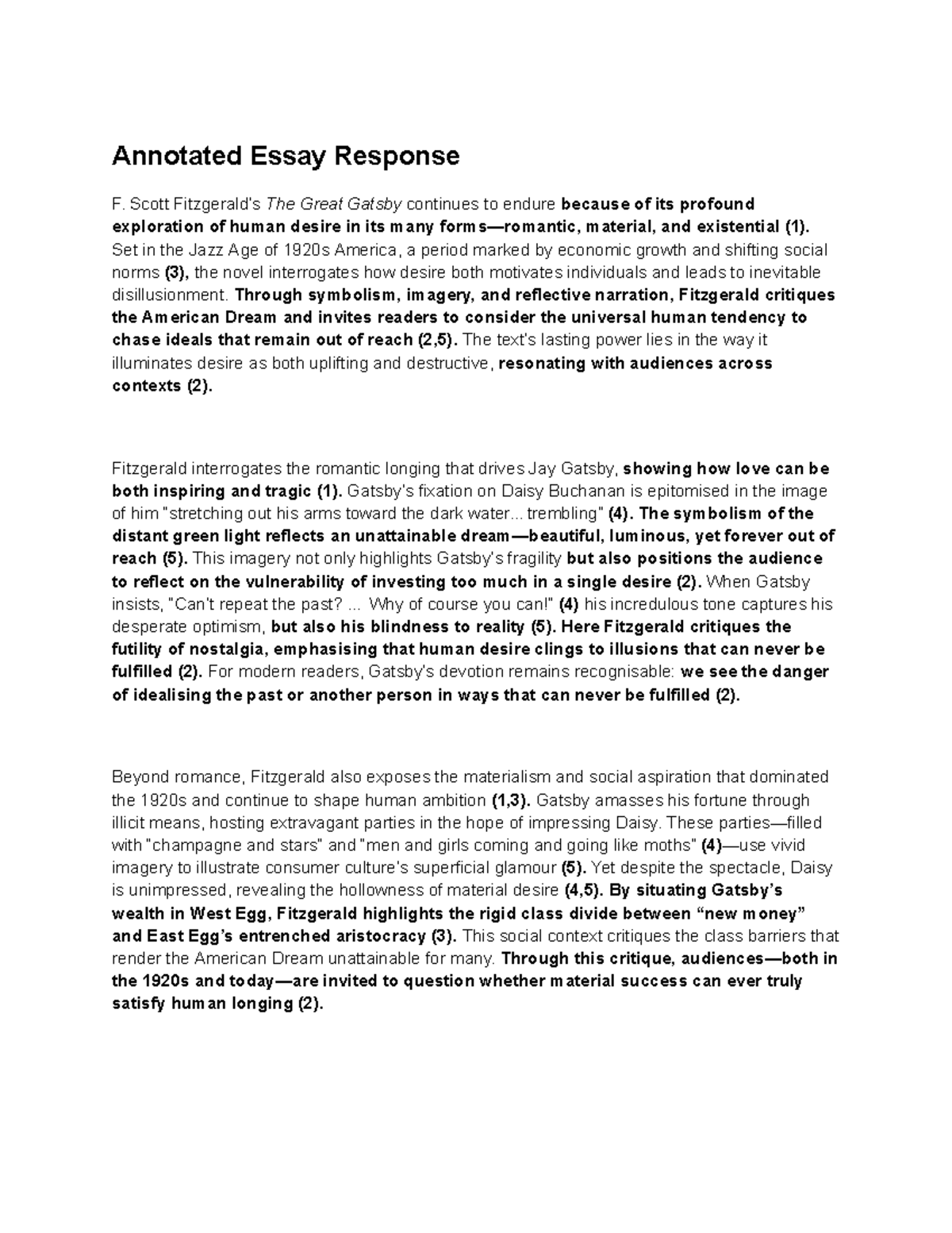 Annotated Essay Response: The Great Gatsby Analysis - Studocu