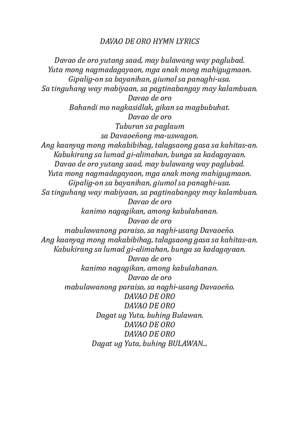 Davao de Oro Hymn Lyrics Analysis and Reflection - Studocu