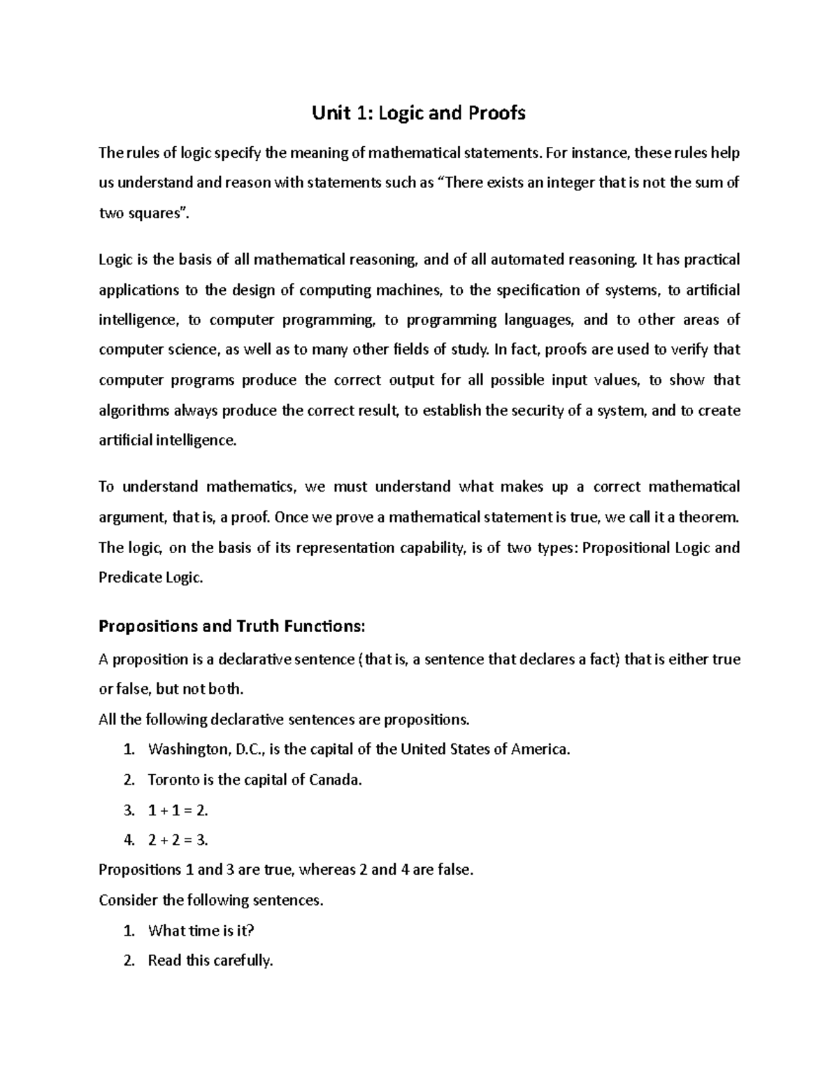 Unit 1: Logic and Proofs Overview for CS 101 - Studocu
