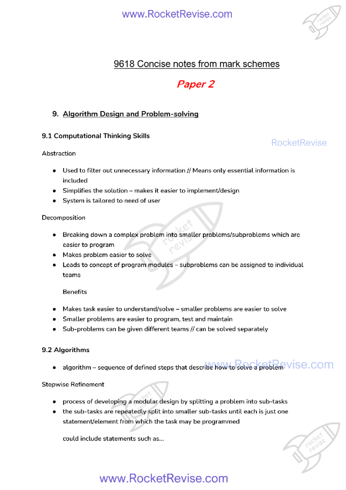 Paper 2 Revision Notes On Algorithm Design And Computational Thinking