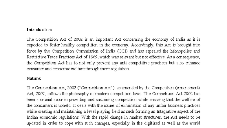 Competition Act of 2002: Key Features and Objectives Overview - Studocu