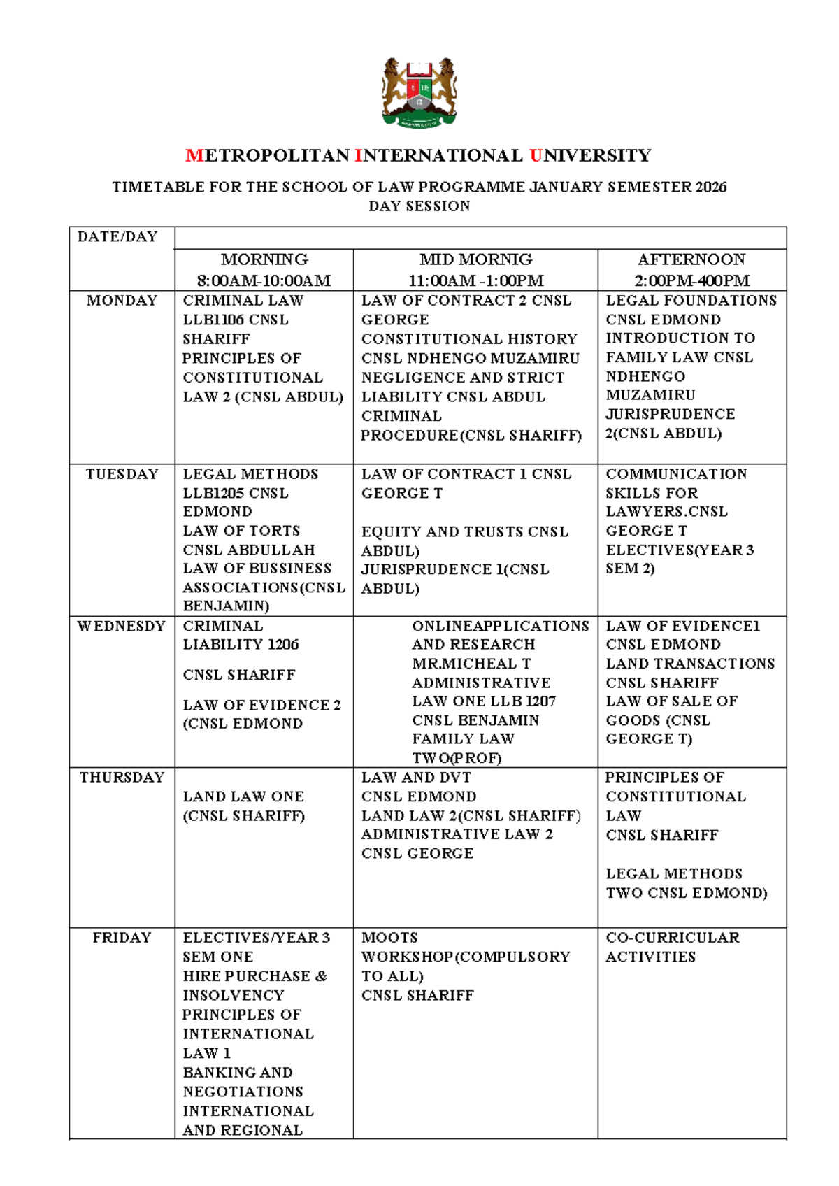 January 2026 School of Law Timetable (LLB Programme) - Studocu