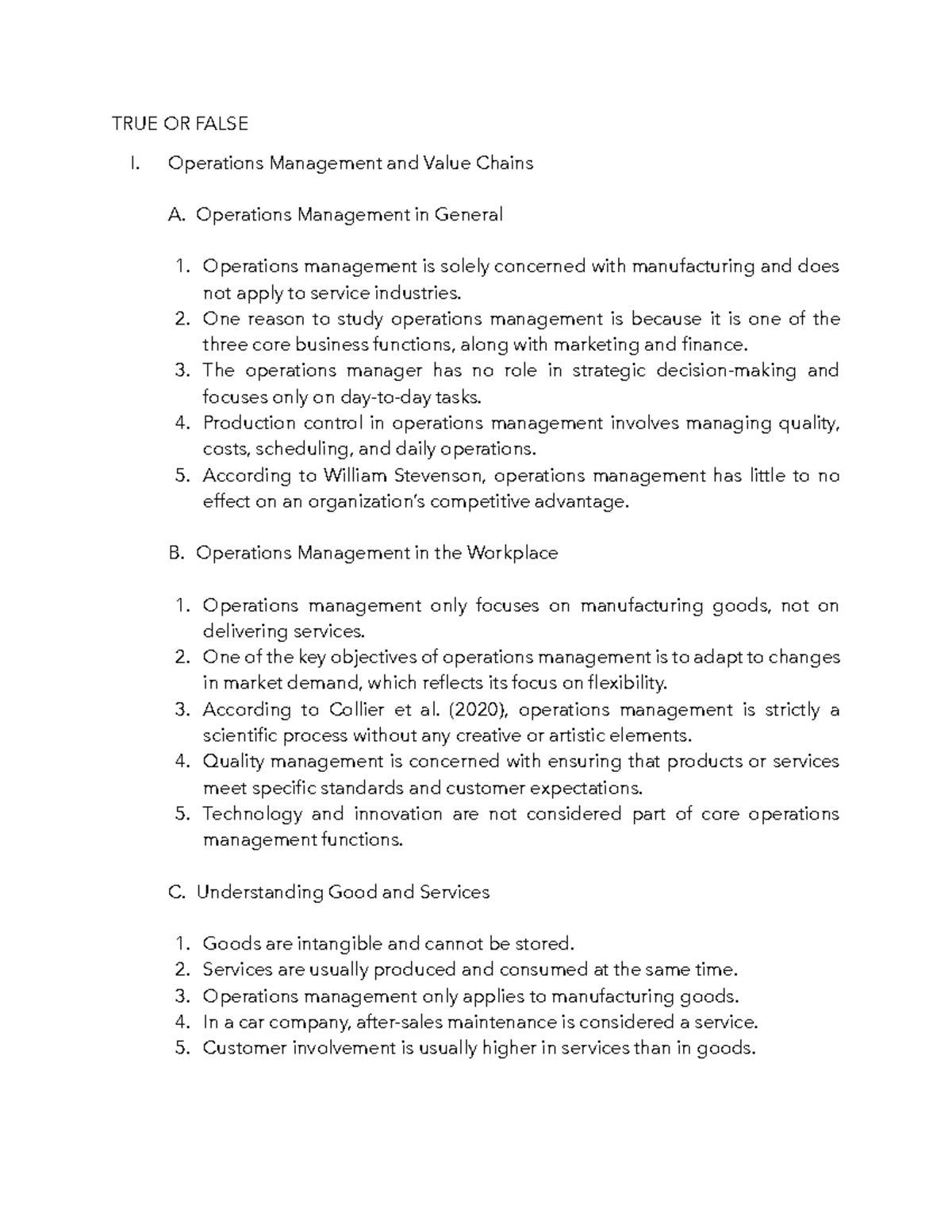 Operations Management True or False Quiz - TEST-BANK-1 - Studocu