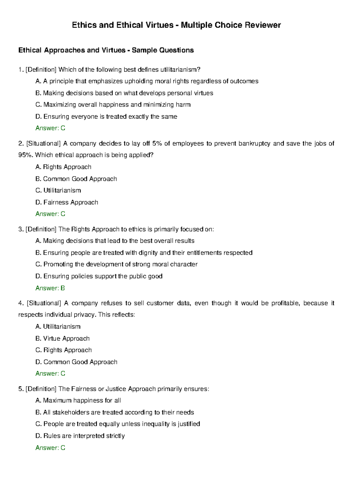 Ethics 101: MCQs on Ethical Approaches & Virtues Review - Studocu