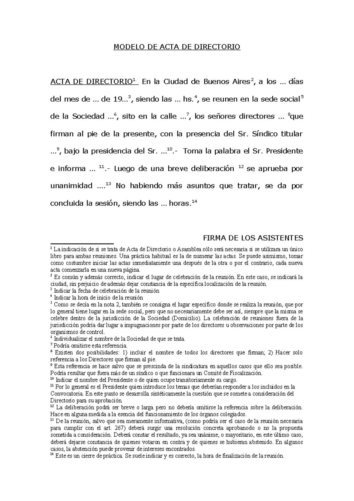 Modelo de Acta de Directorio: Guía Completa y Detalles - Studocu