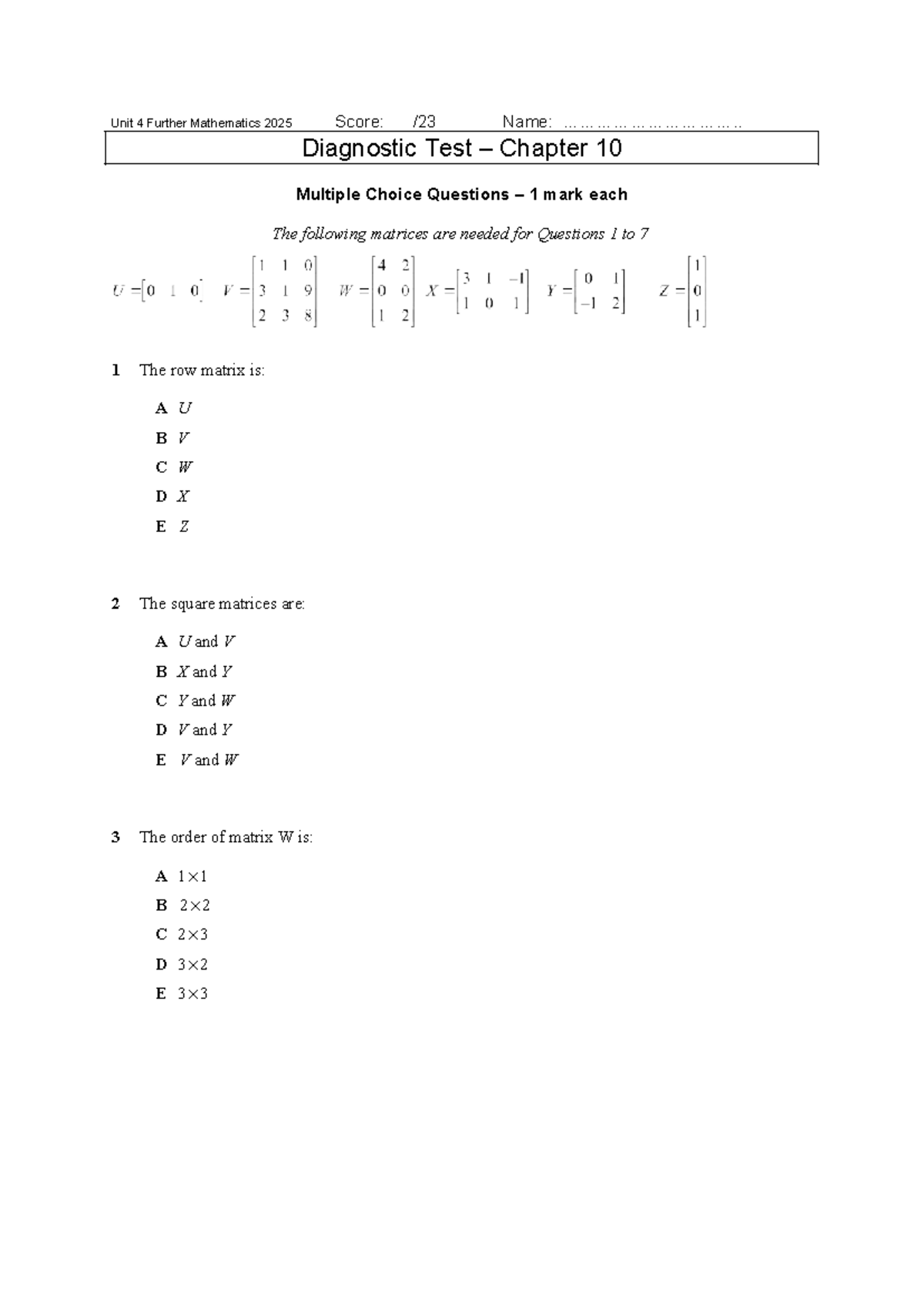 Diagnostic Test: Further Mathematics Unit 4 - Chapter 10 MCQs 2025 ...