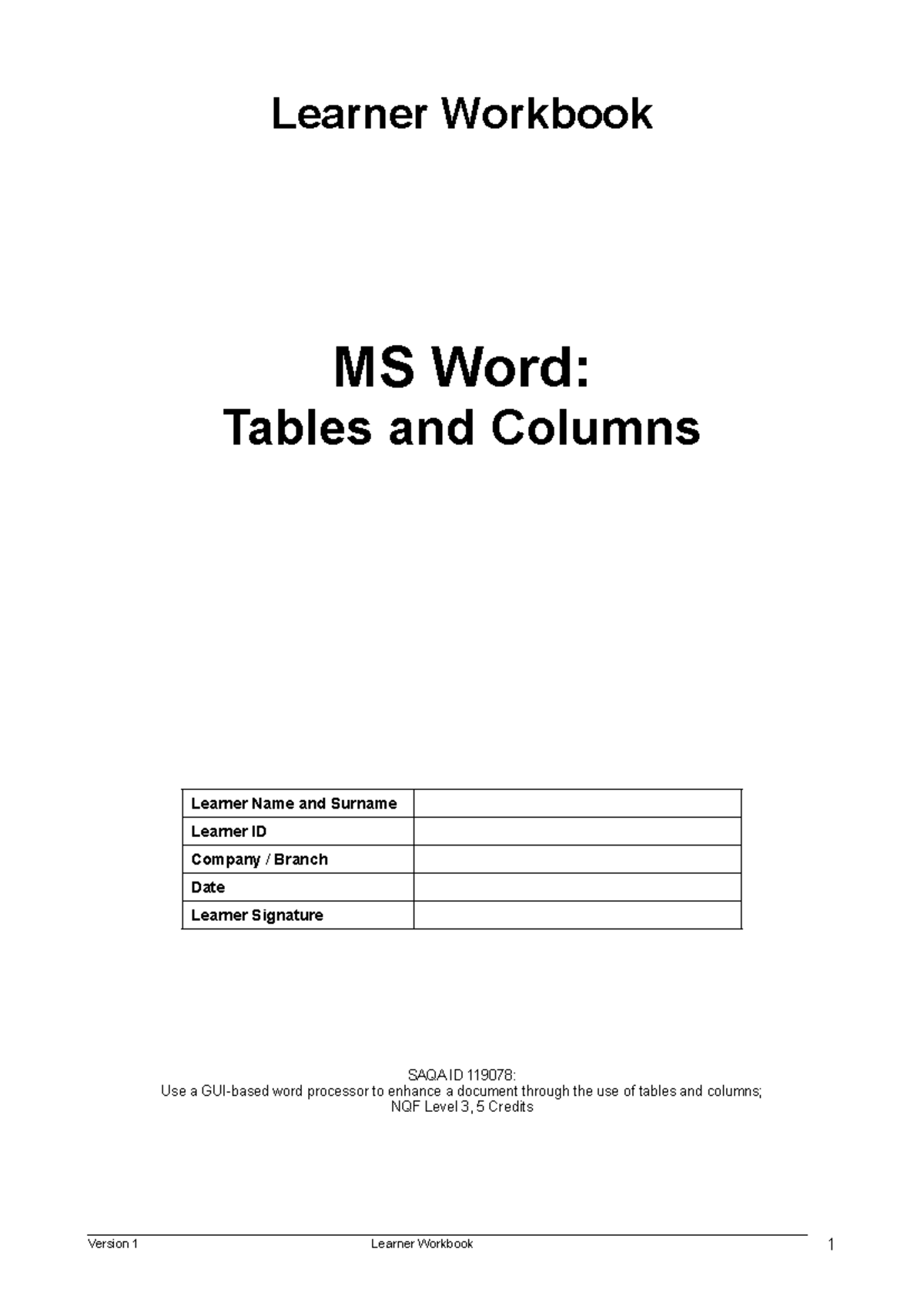 119078 Learner Workbook: MS Word Tables & Columns Activities - Studocu