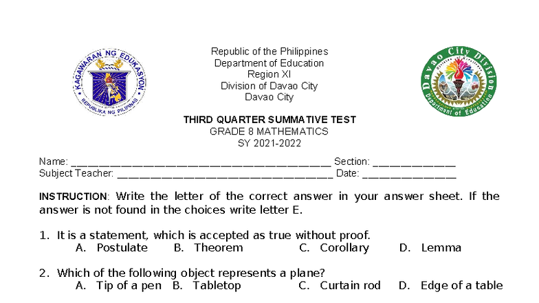 Final Grade 8 Summative Test (Q3) in Mathematics - Studocu