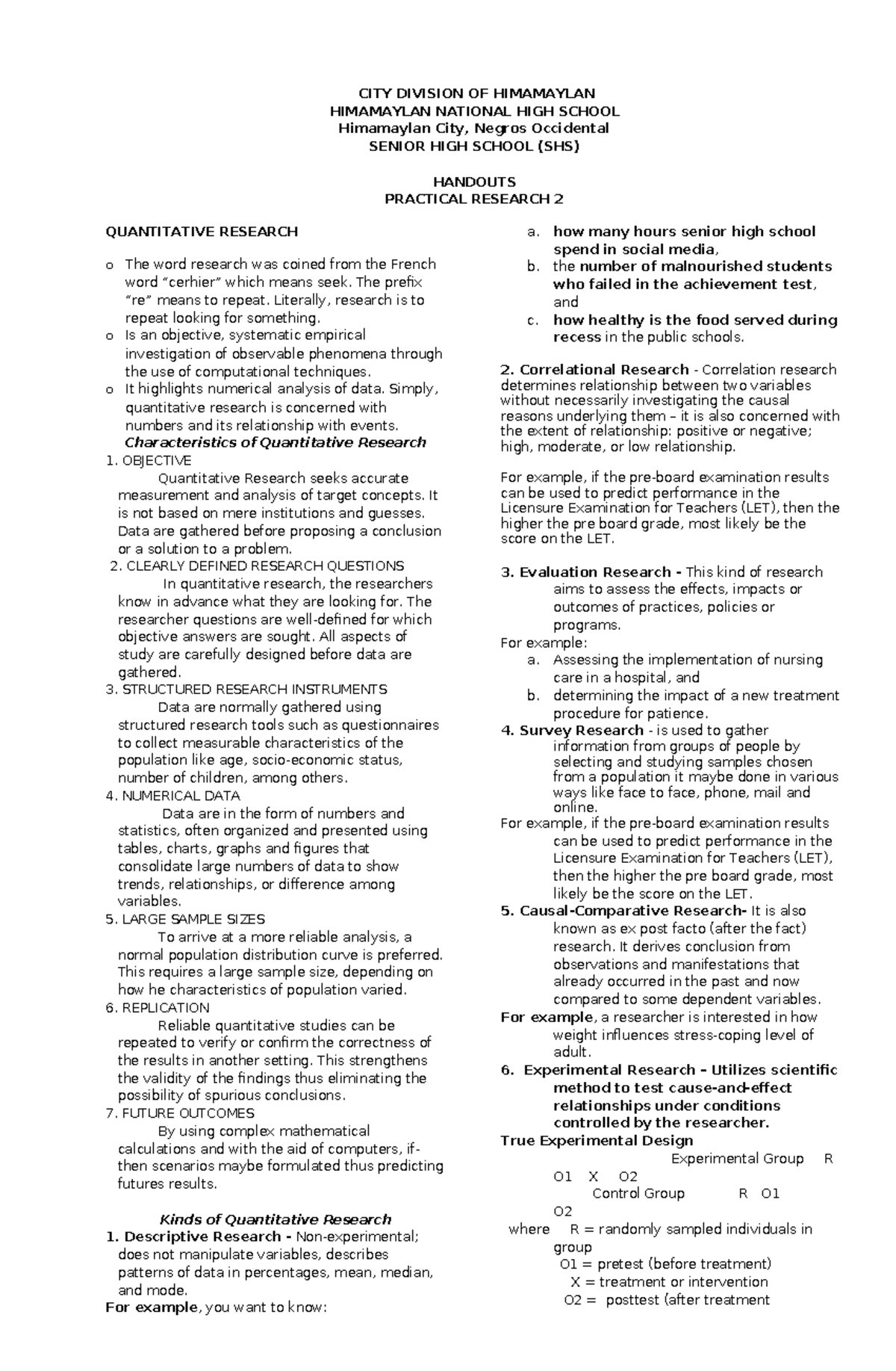 SHS Handouts: Practical Research 2 - Quantitative Research Overview ...