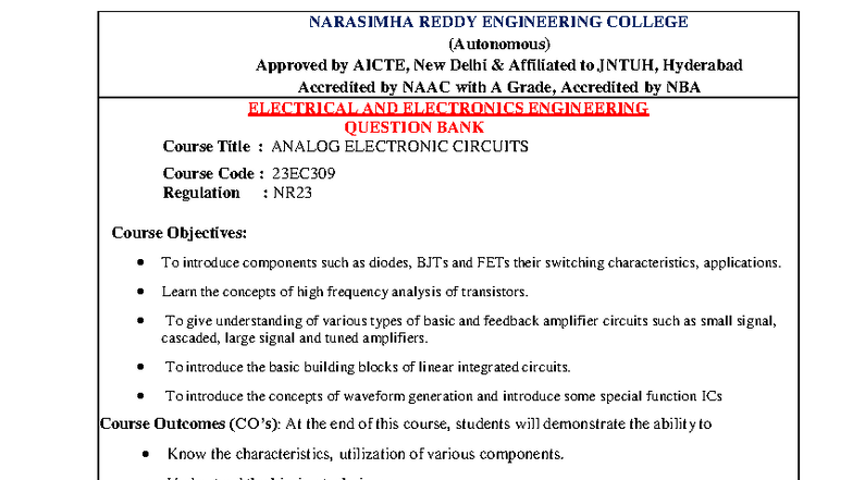 Analog Electronic Circuits Question Bank - 23EC309 Notes - Studocu
