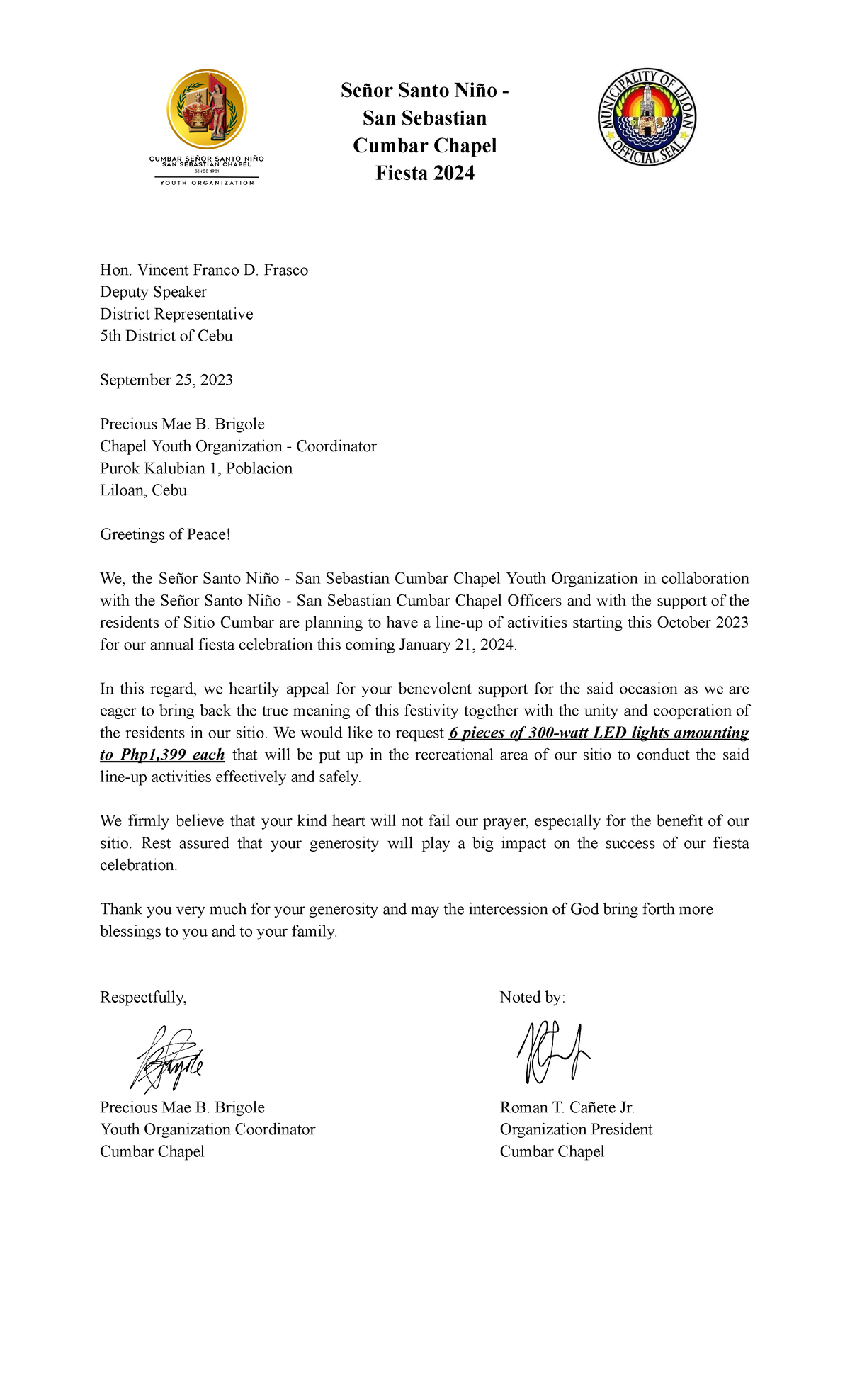 DUKE Letter for Support: Fiesta 2024 Preparations and LED Lighting ...