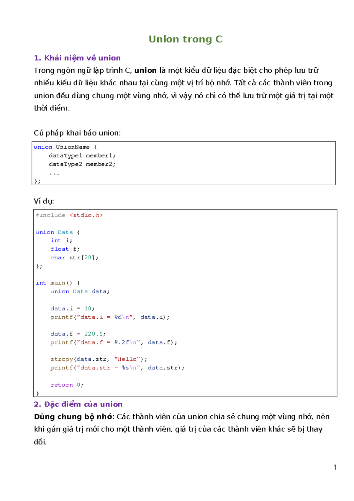 Union trong C: Khái niệm, Đặc điểm và So sánh với Struct - Studocu
