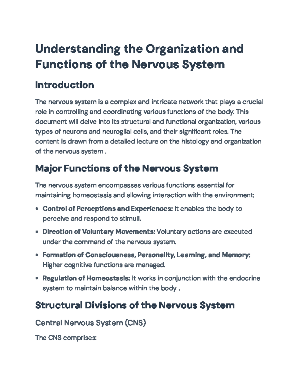 Nervous System Overview: Structure, Functions, and Histology Analysis - Understanding the - Studocu