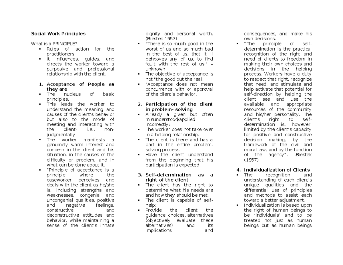 Helping Process - Social Work Principles What is a PRINCIPLE? Rules of ...