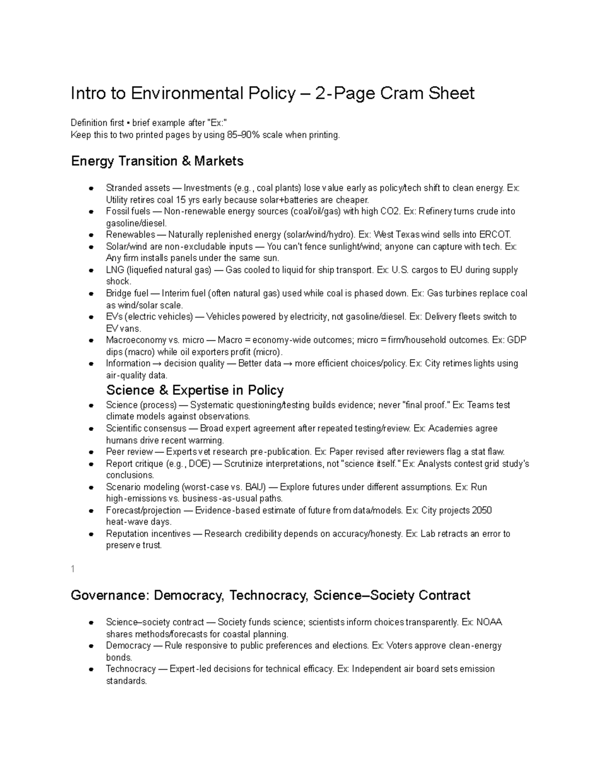 Environmental Policy Study Sheet (Cram) - Key Concepts & Examples - Studocu