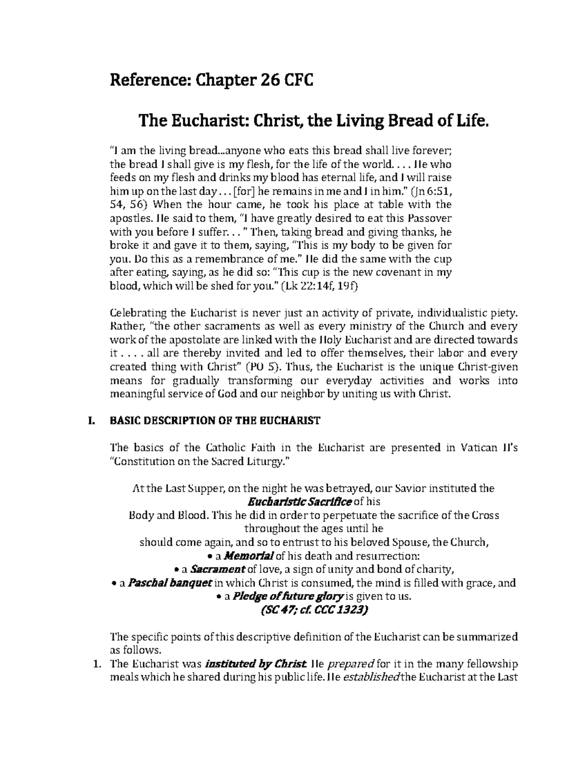 Eucharist Chapter 26 - theo - Reference: Chapter 26 CFC The Eucharist ...