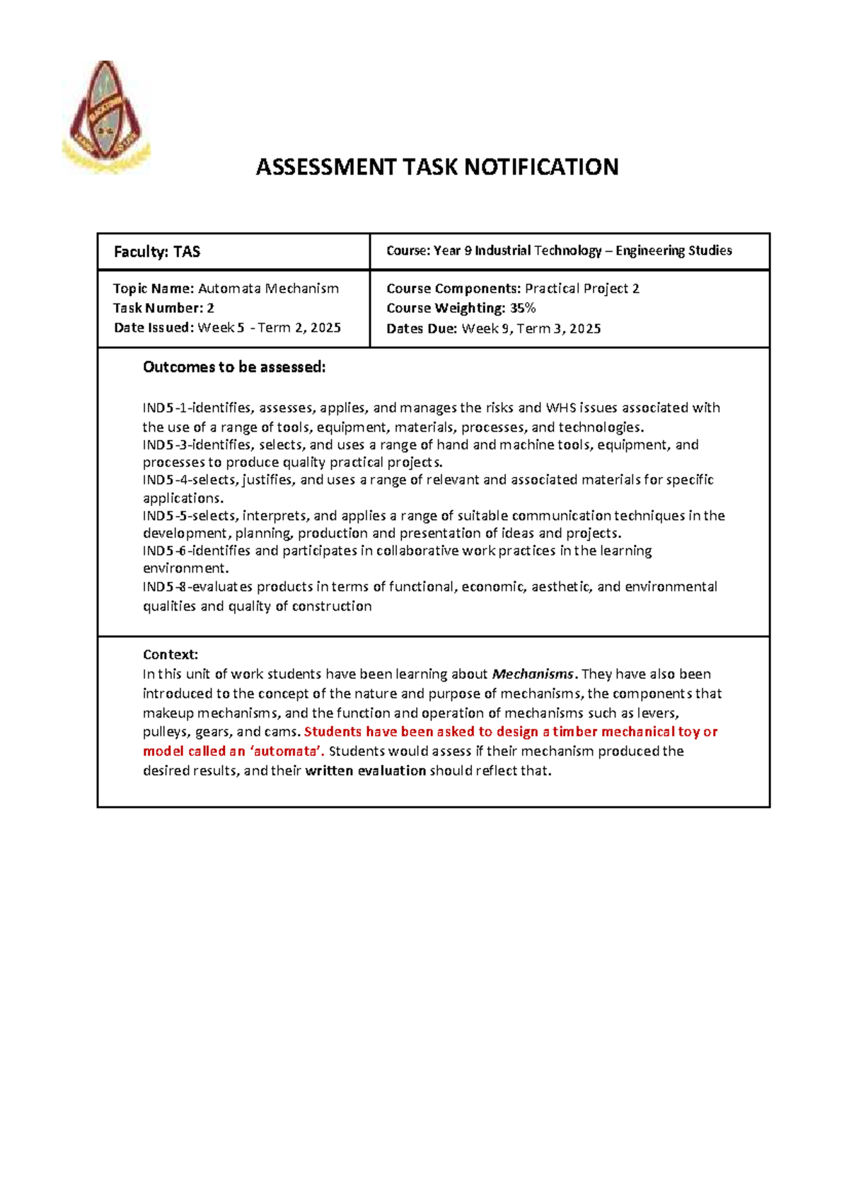 2025 Year 9 Industrial Technology Task 2: Automata Mechanisms Guide ...