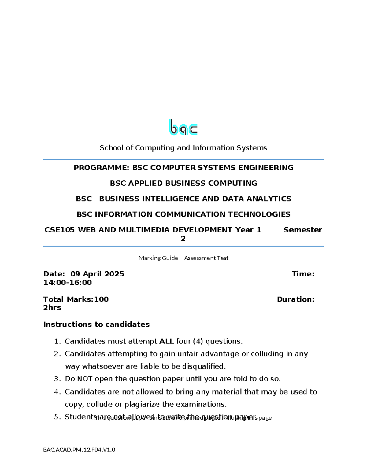 CSE105 Web & Multimedia Development Assessment Test Marking Guide 2025 ...