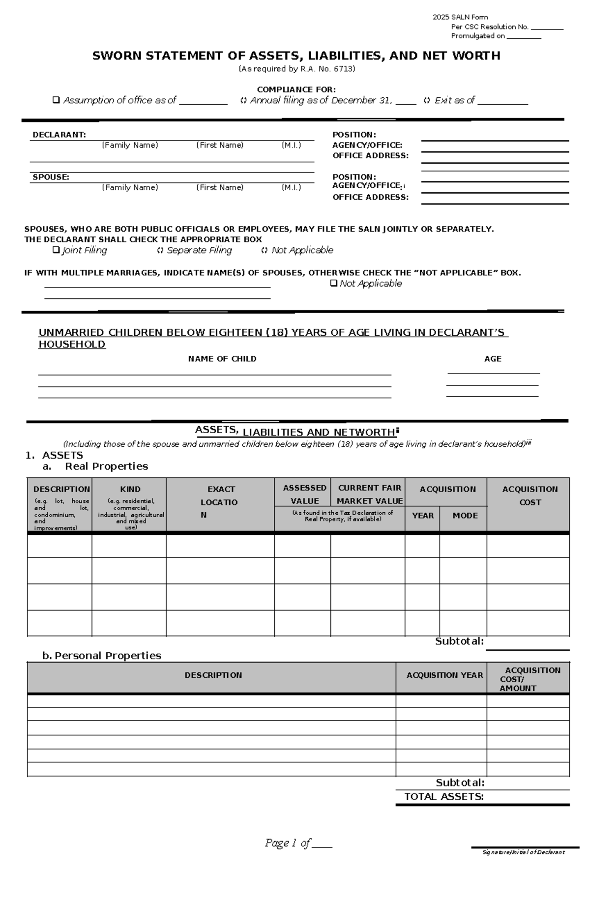 SALN 2025 - Statement of Assets, Liabilities, and Net Worth Notes - Studocu