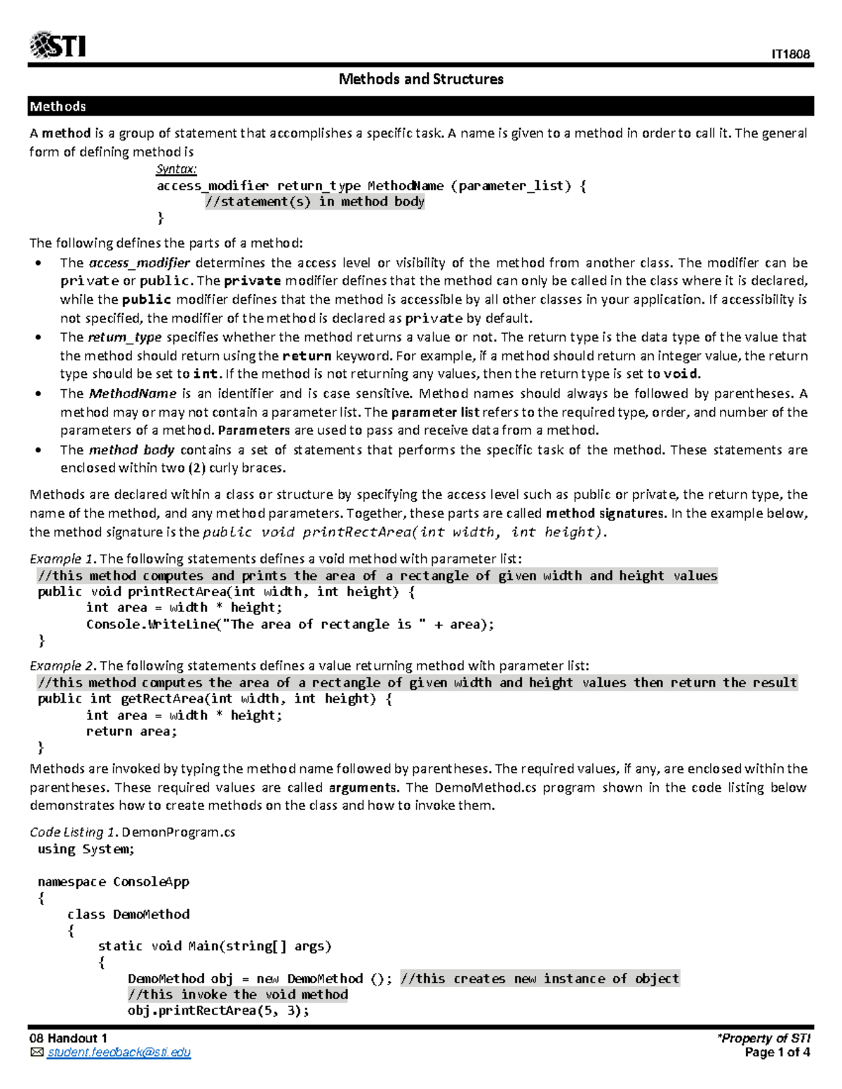 IT1808 Methods and Structures: Understanding Method Signatures and ...