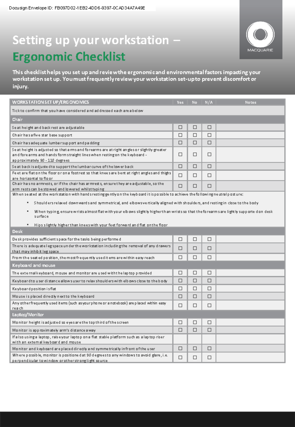 Ergonomic Checklist for Workstation Setup - Law 101 - Studocu