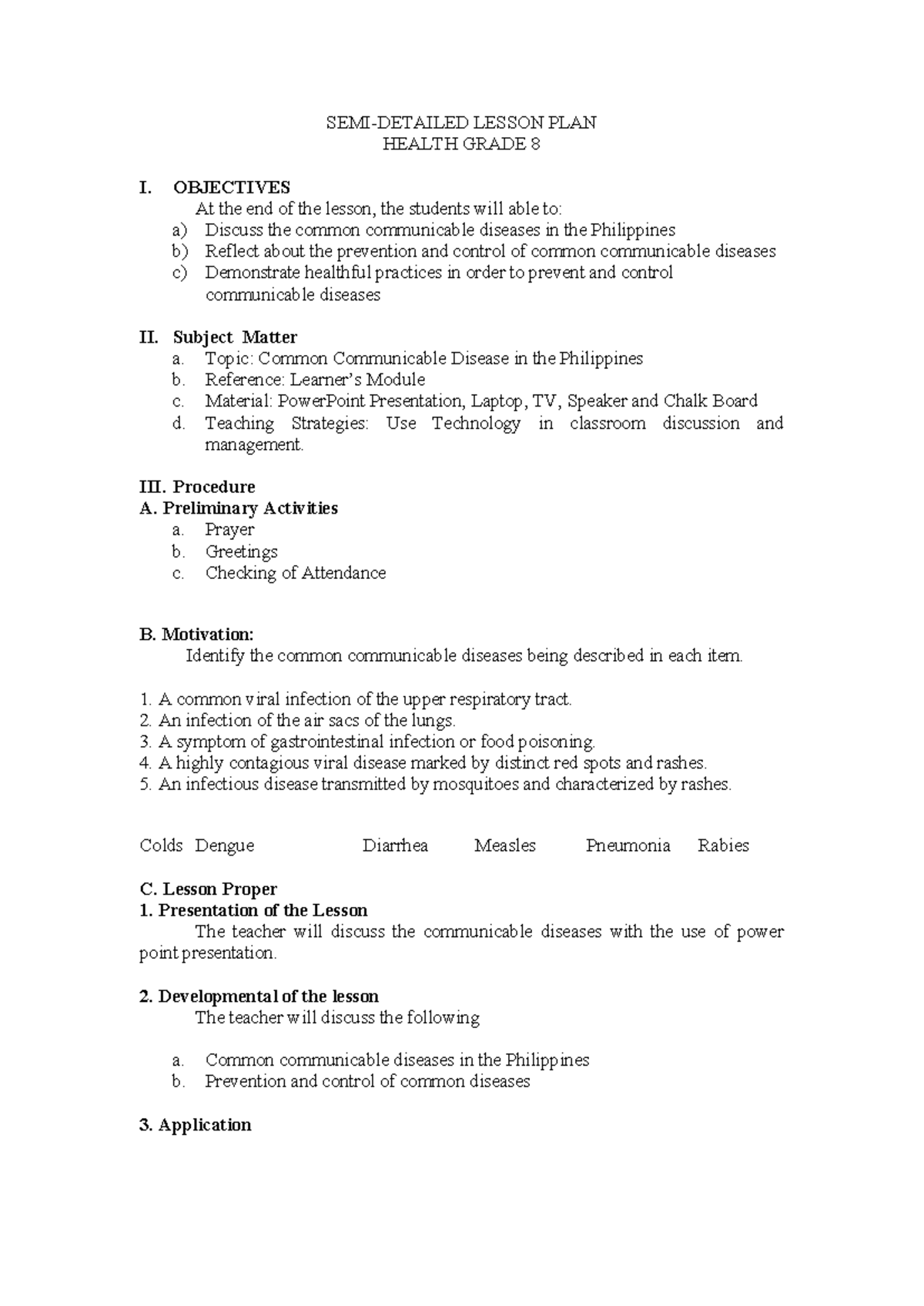 Health LP 1: Lesson Plan on Communicable Diseases for Grade 8 - Studocu