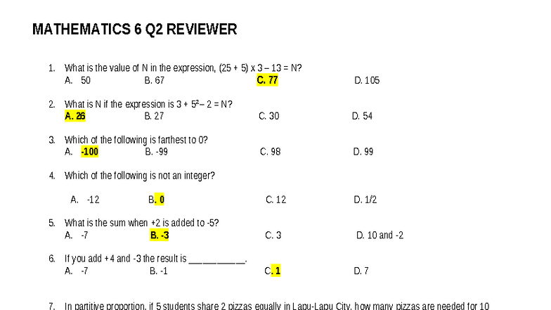 MATH 6 Q2 REVIEWER: Expressions, Ratios, and Proportions - Studocu