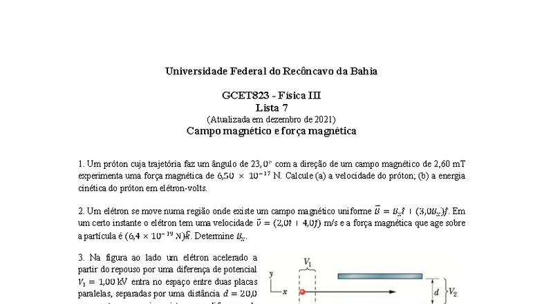 GCET823 Física Lista 7: Campo Magnético e Força Magnética - Studocu