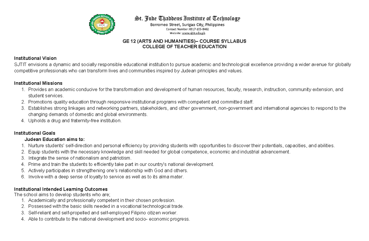 GE 12: ARTS AND HUMANITIES Course Syllabus Overview - Studocu