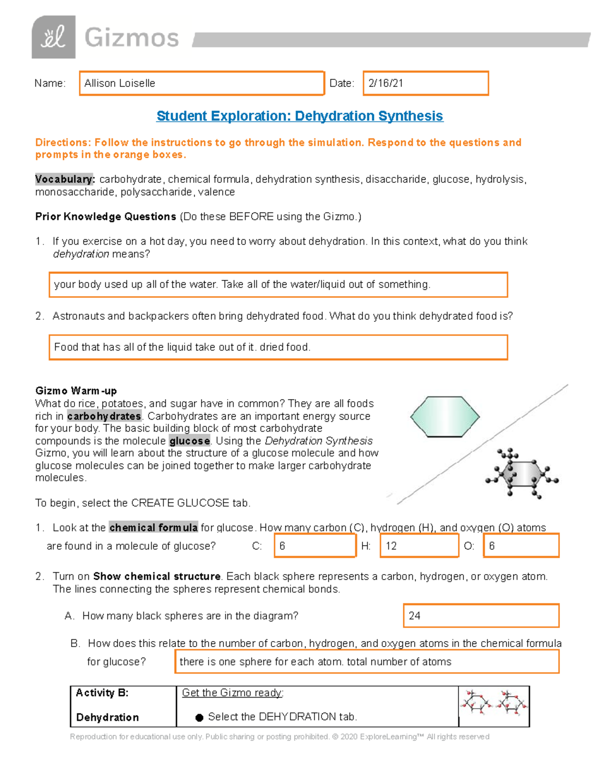 Dehydration Synthesis Gizmo - Name: Allison Loiselle Date: 2/16 ...