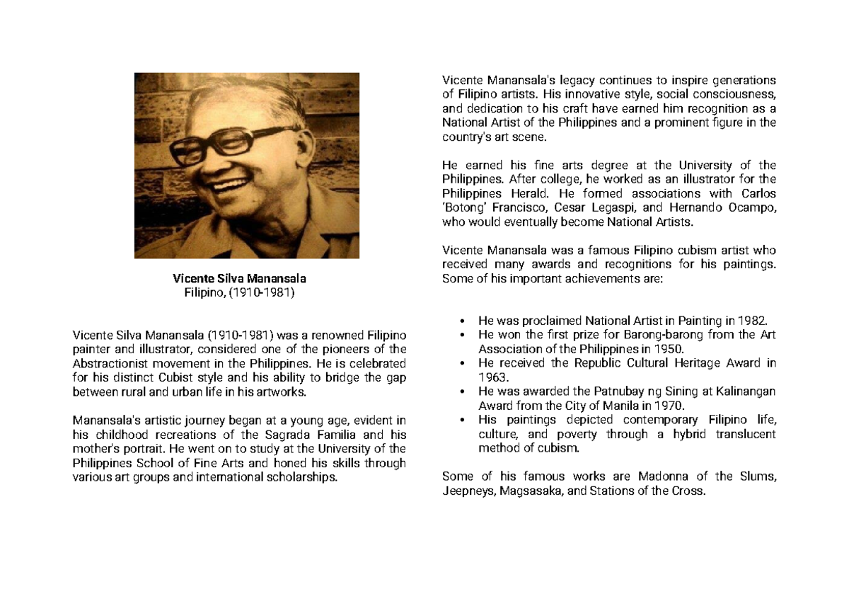 Vicente Silva Manansala: Pioneer of Filipino Cubism (1910-1981) - Studocu
