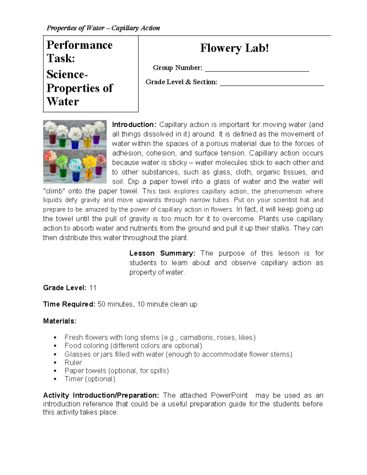 Genchem Performance Task: Exploring Capillary Action in Water - Studocu