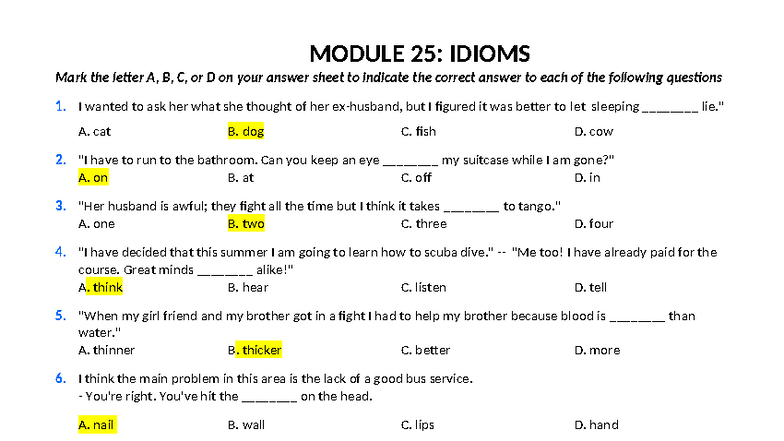 Module 25: Idioms - Answer Key and Explanations - Studocu