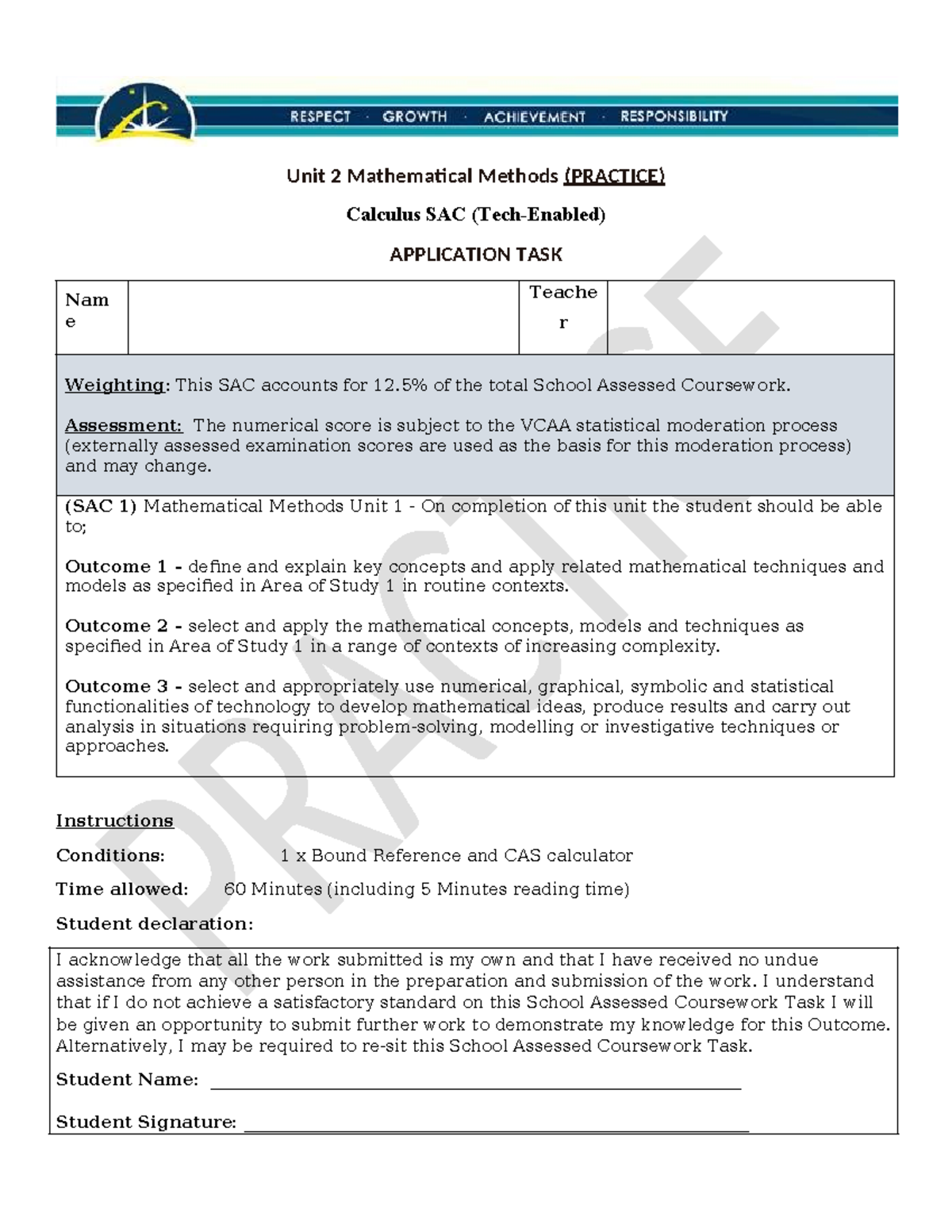 2025 Unit 2 MM - Calculus SAC Practice Task - Updated - Studocu