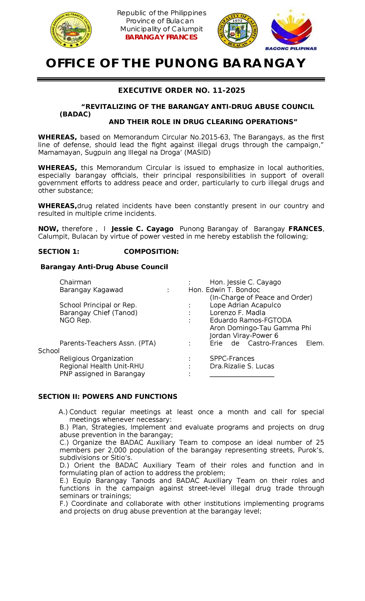 Barangay Frances Executive Order on BADAC Roles in Drug Clearing - Studocu
