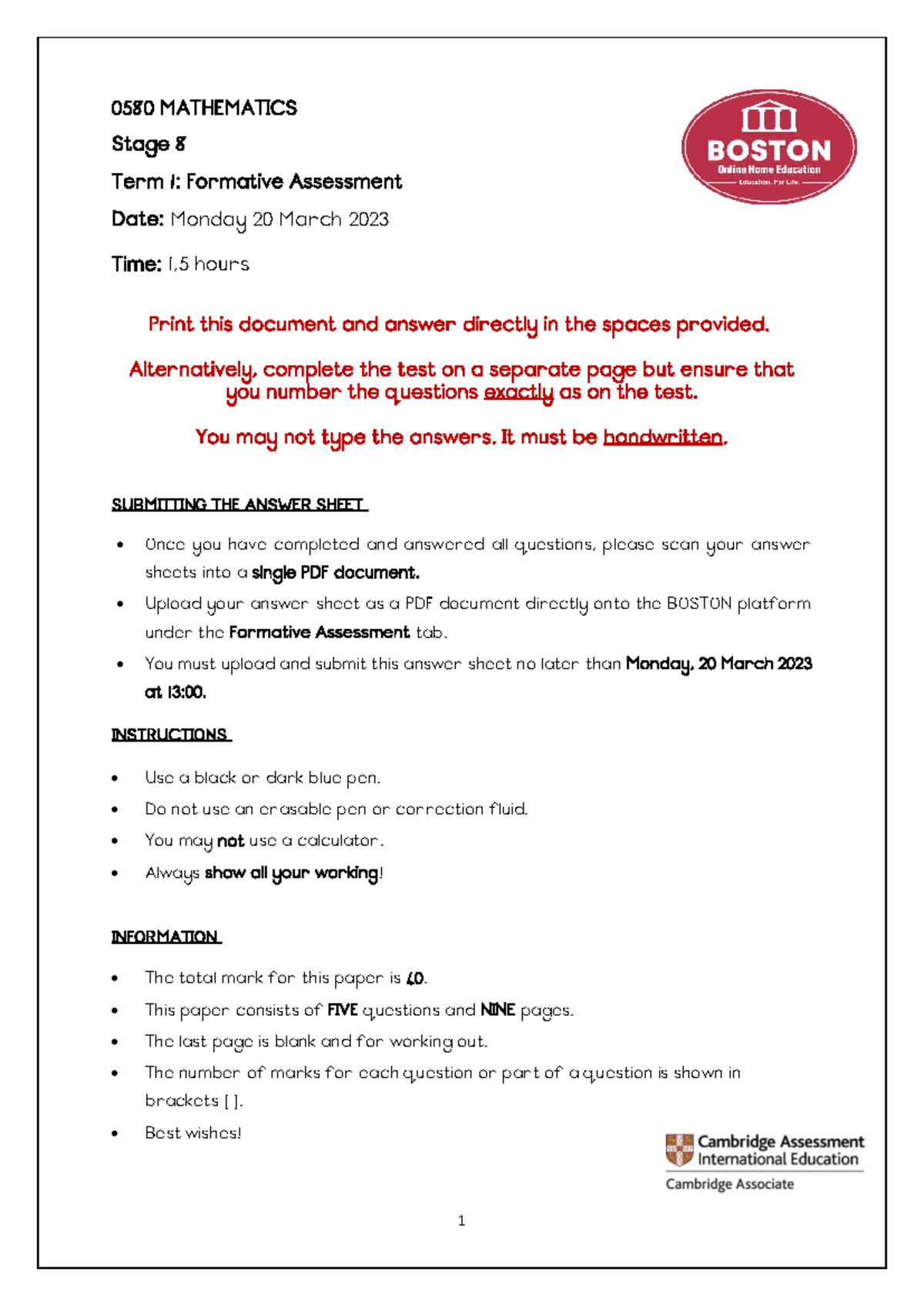 MATH 0580 Stage 8 Term 1 Formative Assessment Test - 20 March 2023 ...