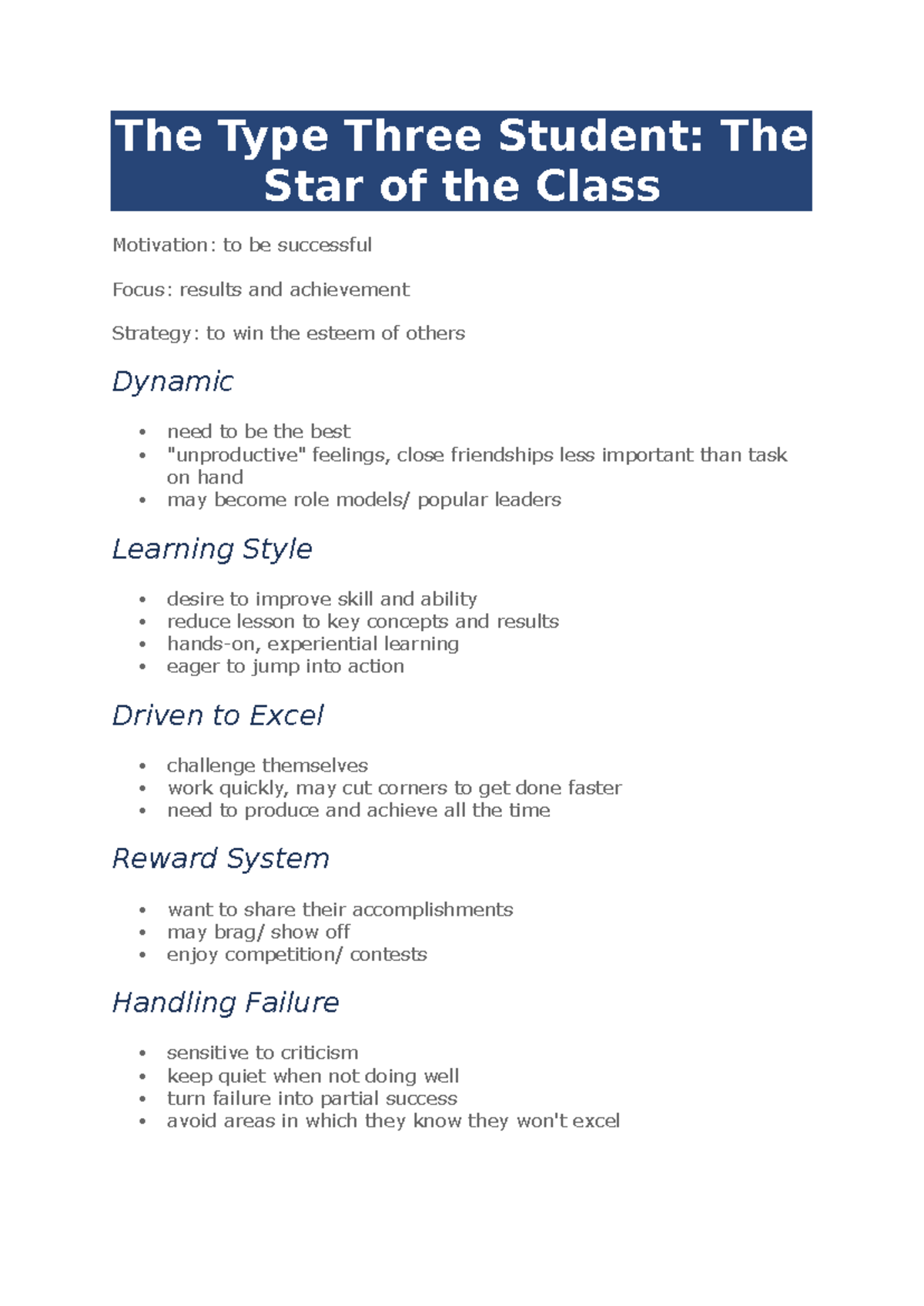 Type 3: The Achiever - Strategies for Success and Learning - Studocu