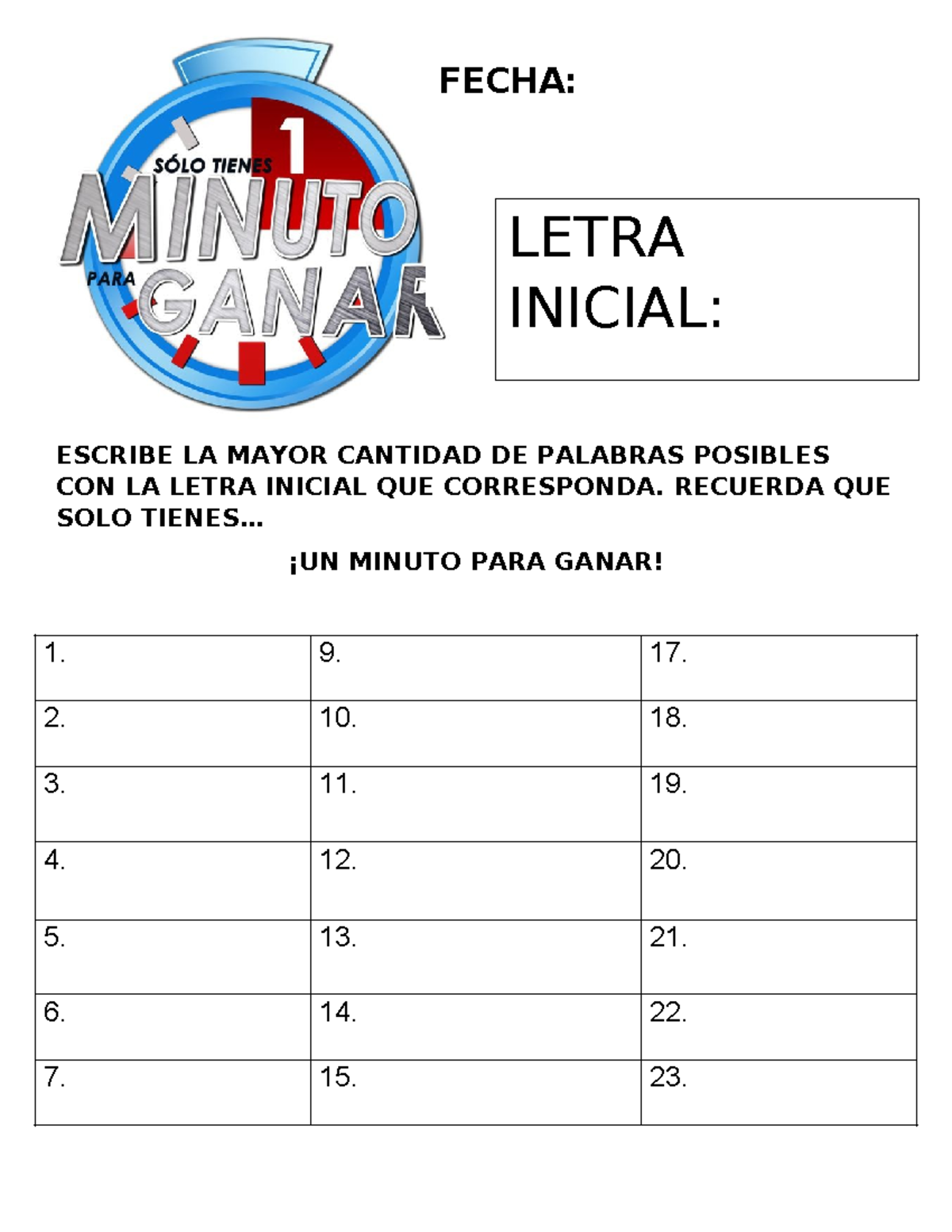 Un minuto para ganar - Juego didactico para dictado - Español - FECHA ...