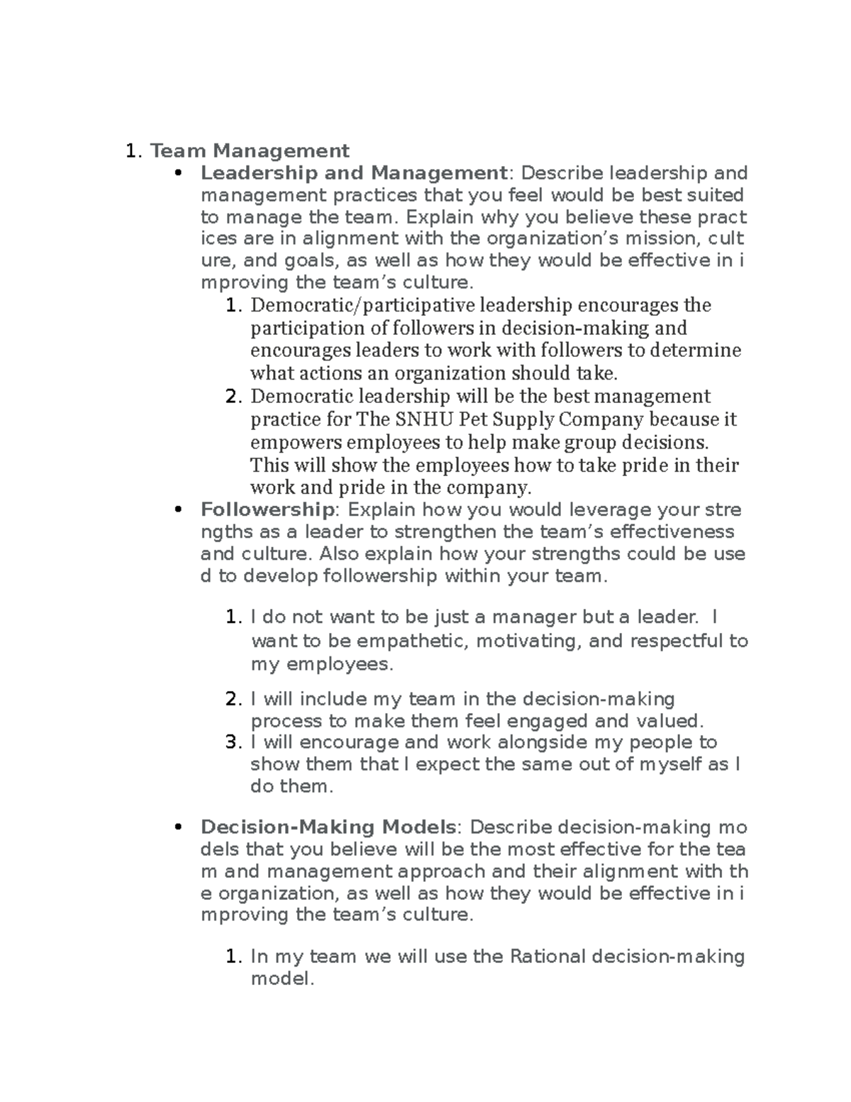 SNHU 101: Team Management Strategies for Project 1 - Studocu