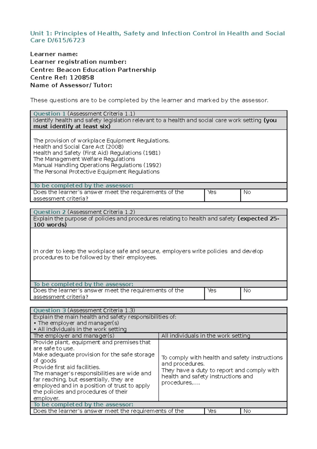 Unit 1: Health, Safety & Infection Control Diploma - D/615/ Assessments ...