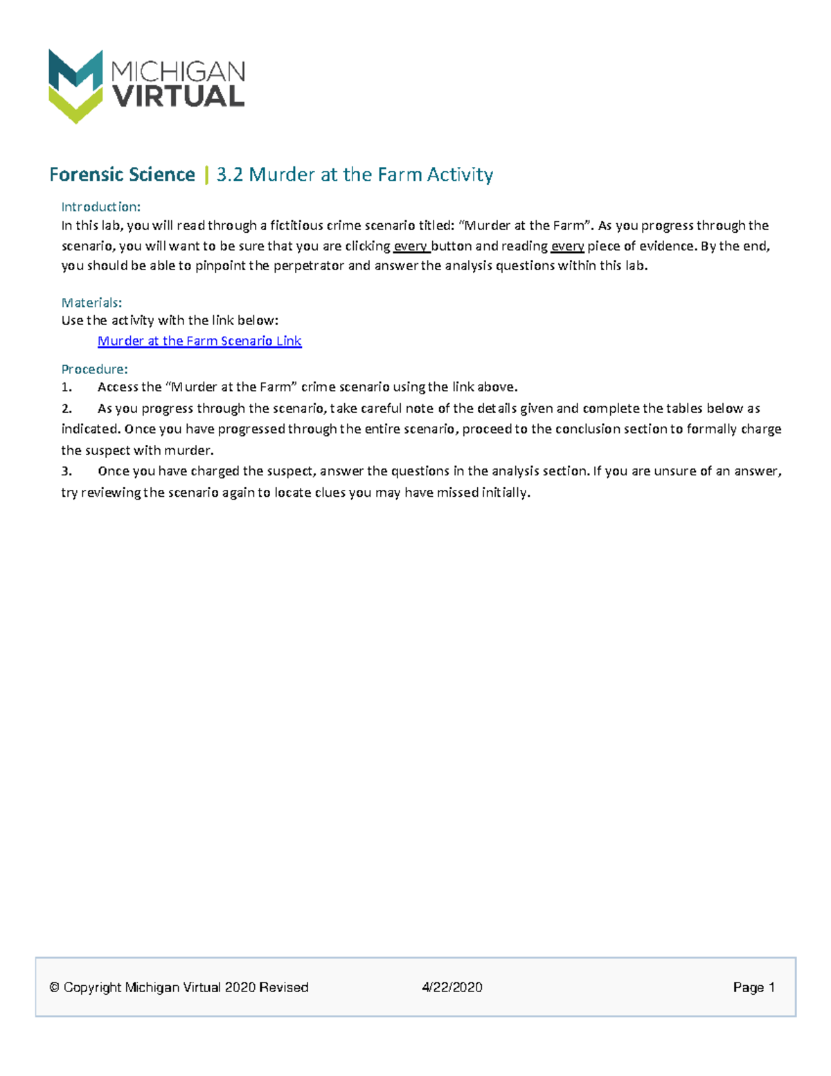 Forensic Science | 3.2 Murder at the Farm Activity Analysis Guide - Studocu