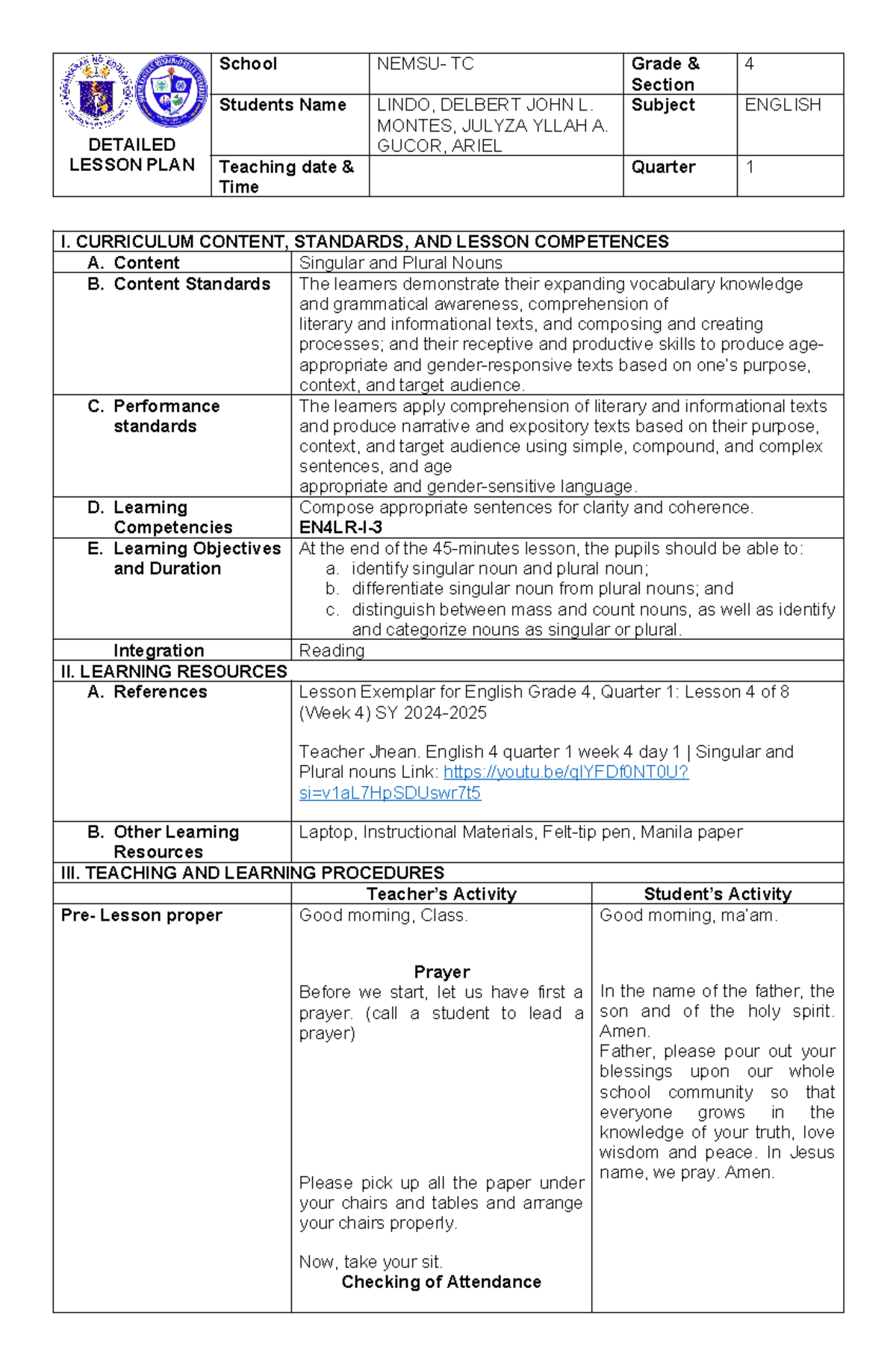 Engl.101 DLP- Gr - This is a detailed lesson plan, teaching English 4 in elementary Grades - Studocu