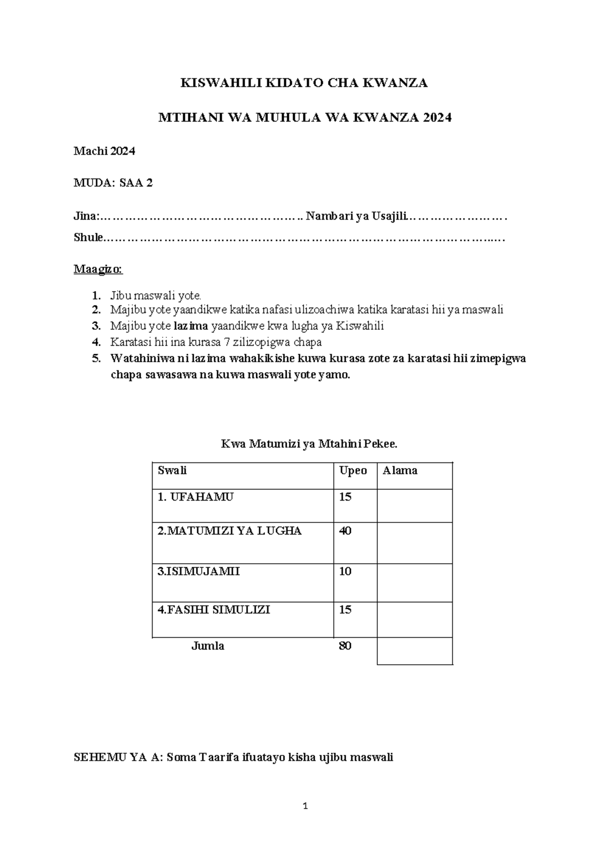 Kiswahili Kidato Cha Kwanza - Mtihani Wa Muhula Wa Kwanza 2024 - Studocu