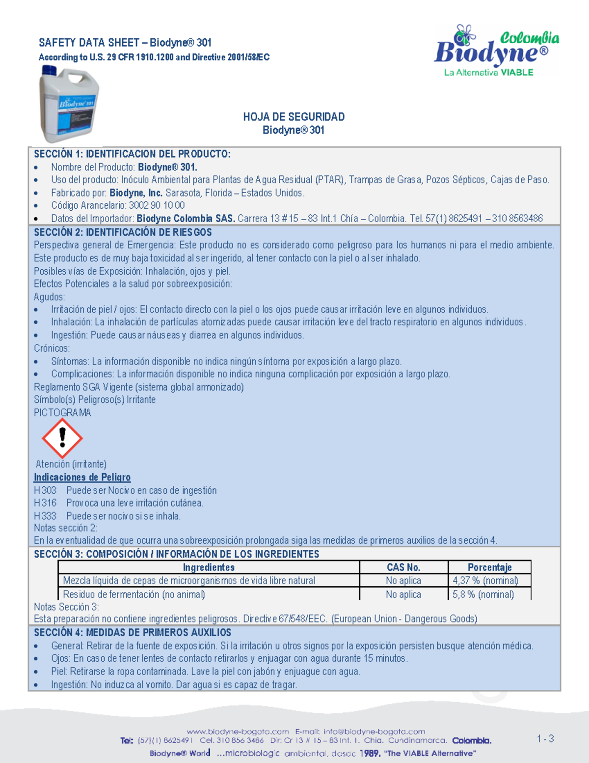 Hoja de Seguridad del Producto Biodyne® 301: Información Esencial - Studocu