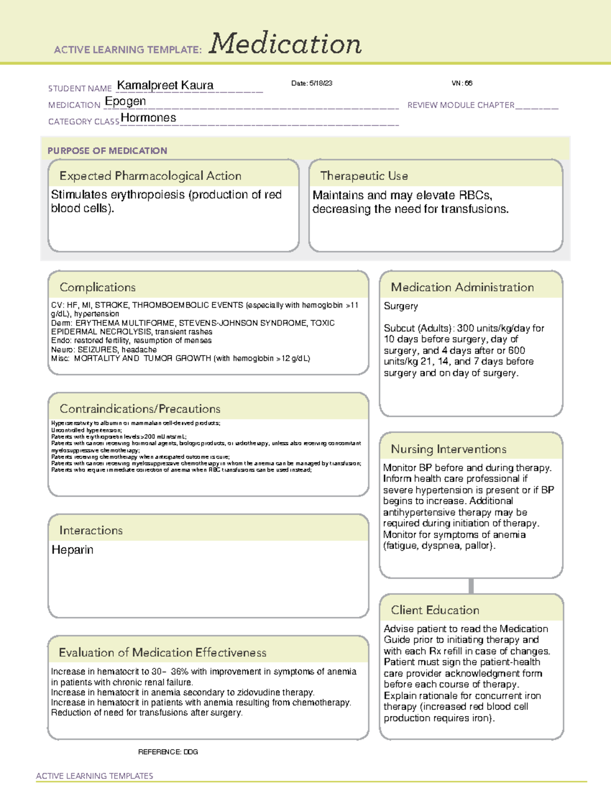 Epogen - ATI Active Learning Template for Medications - Studocu