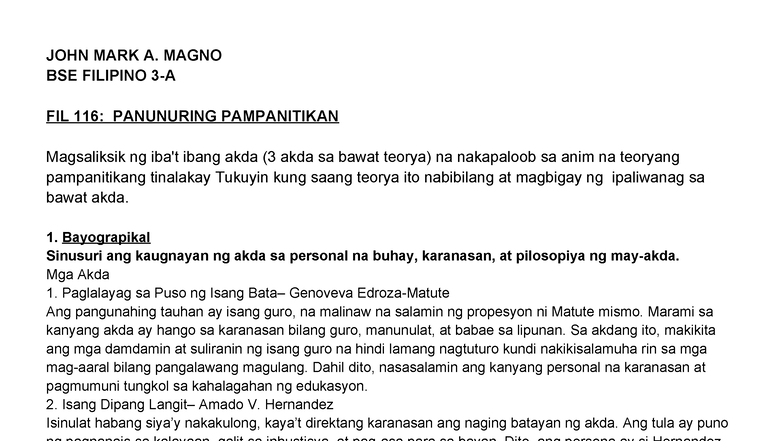 Pagsusuri ng Anim na Teoryang Pampanitikan sa FIL 116 - Studocu